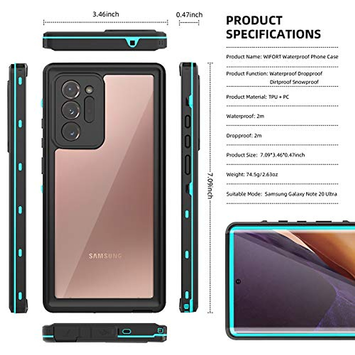WIFORT Samsung Galaxy Note 20 Ultra Waterproof Case Built-in Screen Protector Water Resistant Cover Protective Drop Protection Hard, Shockproof Full Body Case for Samsung Note 20 Ultra 5G, Teal