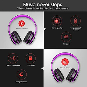Funwaretech Wireless Bluetooth Headphones Over Ear with Mic,Noise Cancelling Headphones Bluetooth 5.0, Foldable Hi-Fi Stereo Wireless Headphones,Soft Memory-Protein Earmuffs for Travel/Work, Purple