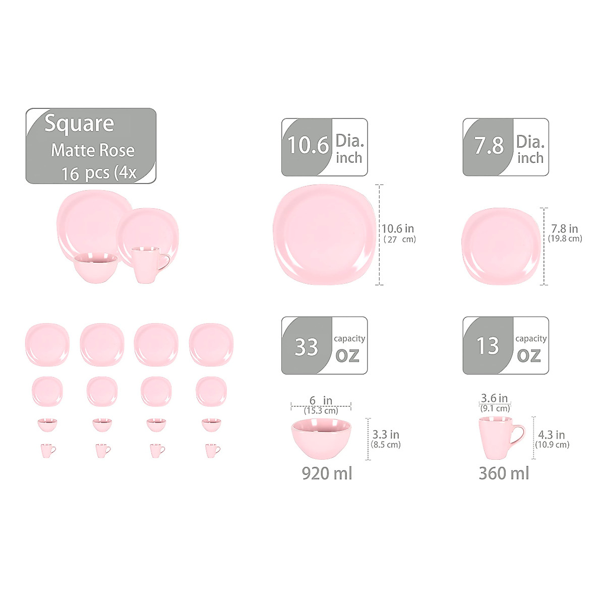 HomeVss, Stoneware Square 16pc Dinnerware Set, Matte Rose
