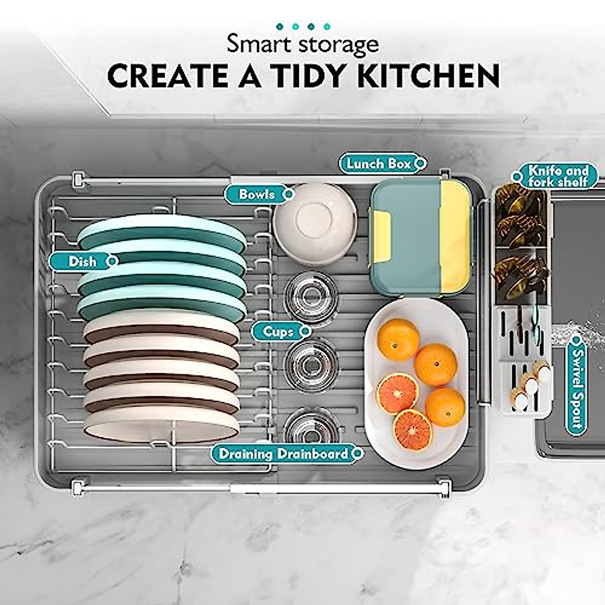 YKLSLH Expandable Dish Drying Rack Dish Racks for Kitchen Counter, Space Saving Dish Rack,12.6"-18.6" Expandable Drying Rack with Drainboard, Utensil Holder - Gray