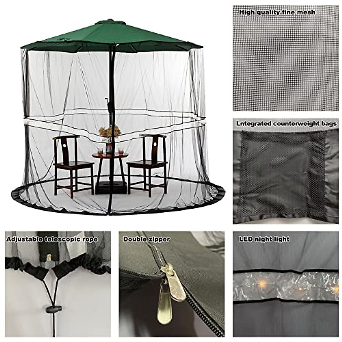 DOOSARG 7.5-10FT Umbrella Netting for Outdoor Umbrellas, Patio Umbrella Mosquito Netting with Led Strip Lights, Adjustable Rope, Fits 9Ft Outdoor Table Umbrellas (Black)