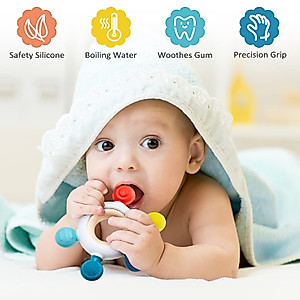 4 Pcs Montessori Toys for Babies Wooden Baby Toy for Babies 18+ Months Wooden Rattle Baby Teething Toys Silicone Rudder with Beech Wooden Ring