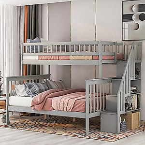 Polibi Twin Over Full Stairway Bunk Bed, Solid Wood Bunk Bed with Storage Shelves， No Spring Box Needed, Grey