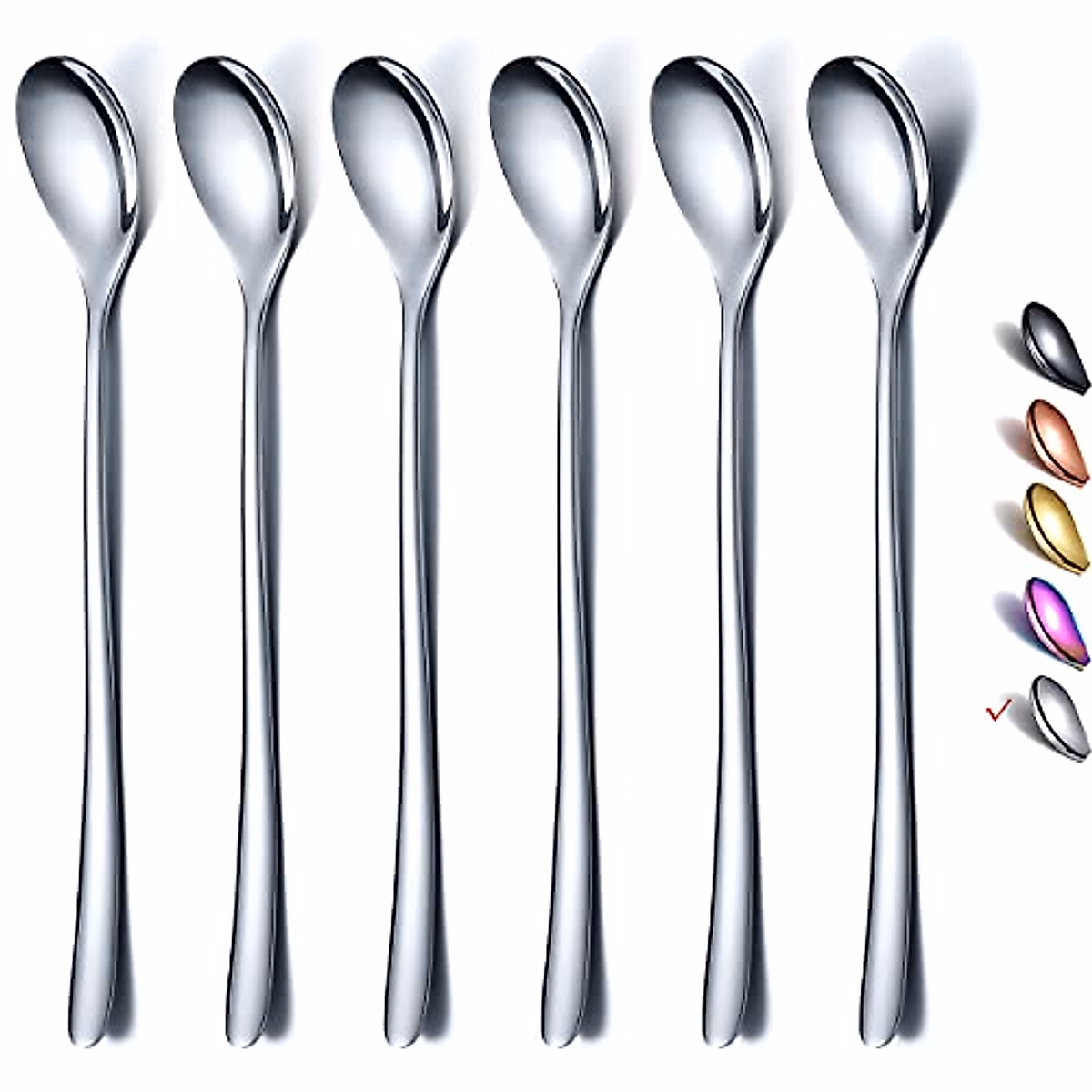 Long Handle Spoon, Coffee Stirrers, Premium Stainless Steel Coffee Spoons, Ice Tea Spoons, Ice Cream Spoon, Cocktail Stirring Spoons, Tea Spoons, Set of 6 (Silver)
