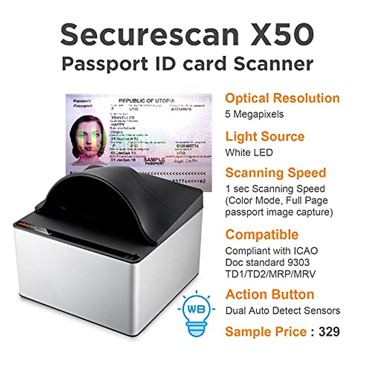 Plustek SecureScan X50 - Passport and ID Card Scanner, Auto-Detect and Scan in 1 Sec Support ICAO Doc 9303 Standards. for Windows only