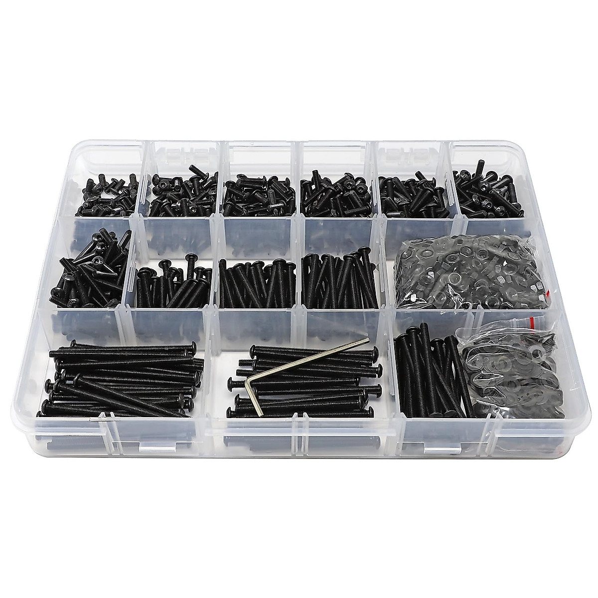 iexcell 1500 Pcs M3 x 6/8/10/12/14/16/20/25/30/35/40/45/50 Alloy Steel 10.9 Grade Hex Socket Button Head Cap Screws Bolts Nuts Washers Assortment Kit, Black Oxide Finish