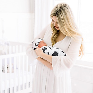 2pack Newborn Swaddle Blanket with Beanie Hat Set, Baby Stretchy Cotton Swaddle Sack 0-3 Months Infant Soft Sleep Sack Wrap Neutral Receiving Blanket for Baby Boy Girl (Bear & Elephant)