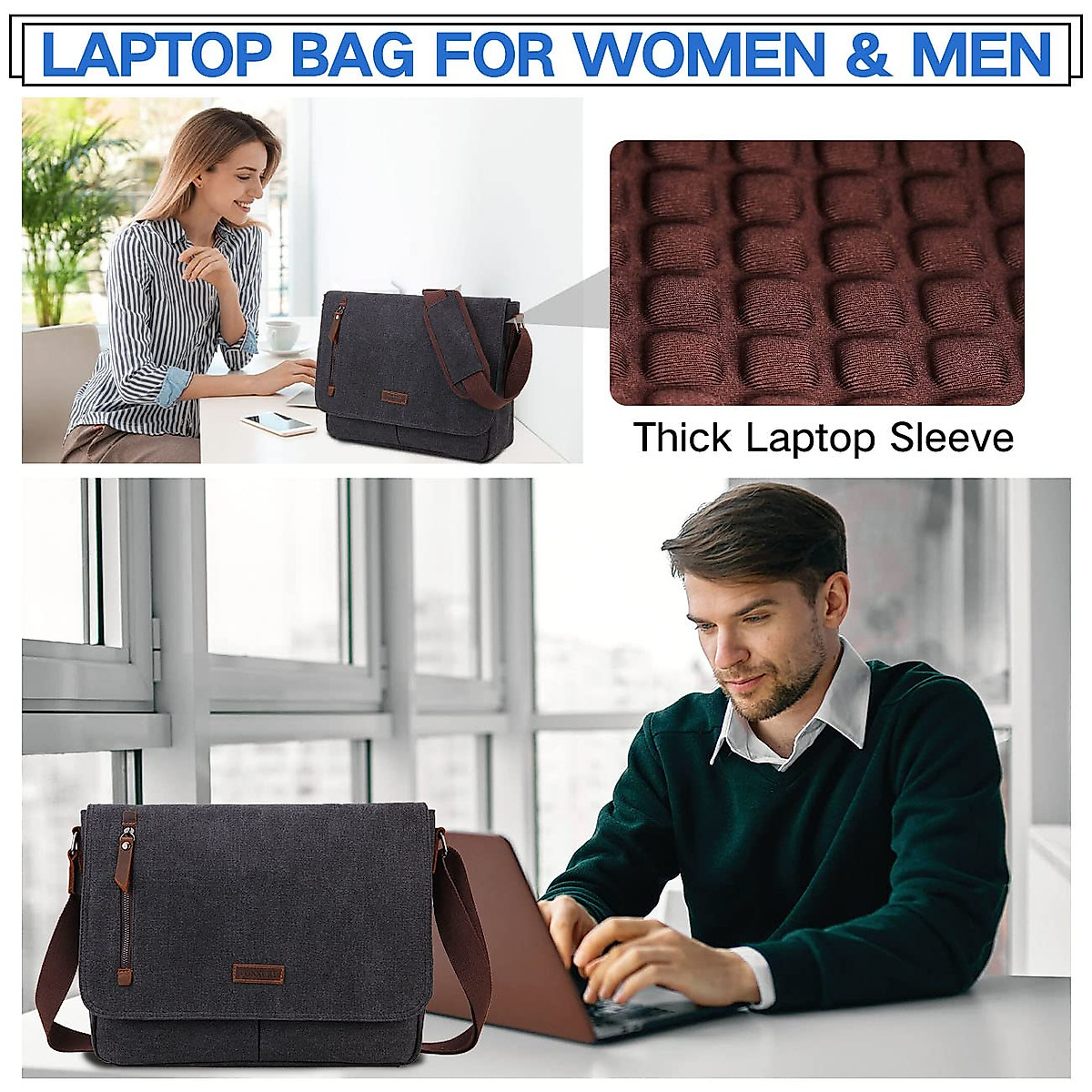 Messenger Bag for Men and Women, Canvas Leather 14 Inch Laptop Messenger Bag Shoulder Bag for Work VONXURY