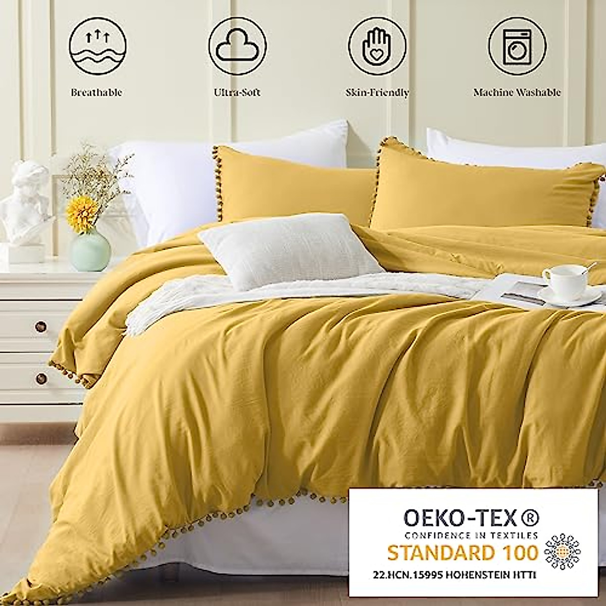 Newspin Duvet Cover King Size Pom Pom Fringe Yellow,3Pcs Soft Breathable Washed Microfiber Boho Bedding Duvet Cover Set with Zipper Closure,1 Duvet Cover(104"X90") and 2 Pillow Shams(No Comforter)