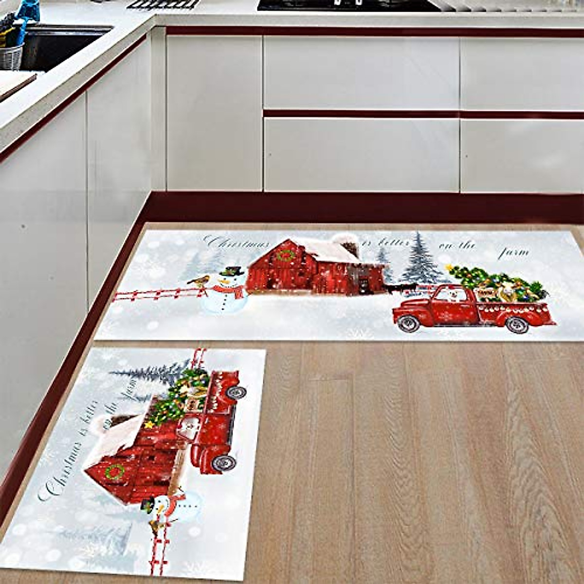2 Piece Farm Animal Kitchen Rug Set Merry Christmas Indoor Floor Mats for Winter, Xmas Door Mat Runner Rug Carpet Mat for Kitchen Home Decor (15.7" x 23.6"+15.7" x 47.2") - Red Truck Snowy Retro Barn