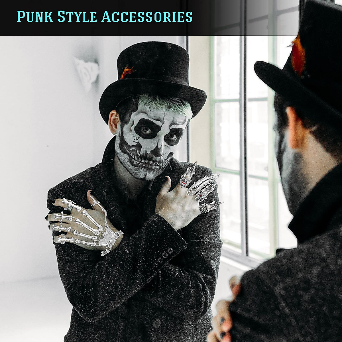 5 Pieces Full Finger Ring Punk Wristband Skull Fingers Hand Bracelet Skull Finger Skeleton Joint Bracelet Knuckle Full Ring for Halloween Accessories (Silver)