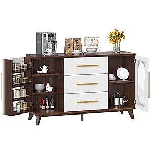 DWVO Storage Cabinet, 59'' Sideboard Buffet Cabinet with Storage, Coffee Bar Cabinet with 3 Drawers, 2 Glass Doors, Capacity 300 lbs, Credenza for Kitchen, Living Room, White Brown