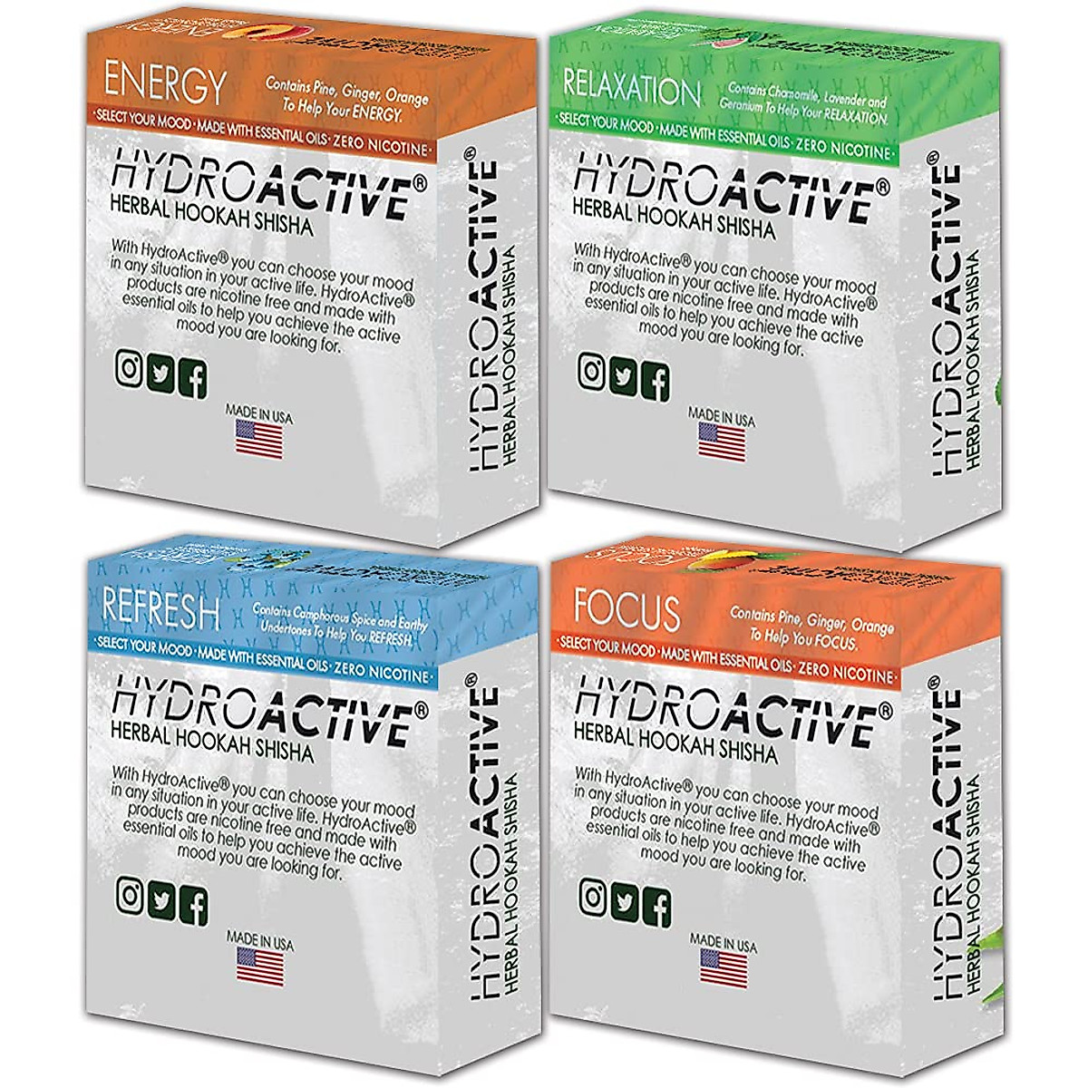 HydroActive Hookah Flavors With Essential Oils, Relaxation Mix Hookah Shisha in Blueberry, Banana, Blueberry Mint, Watermelon Mint, Grape Flavor Set, Hookah Flavors Nicotine Free, 50-Gram 5 Packs