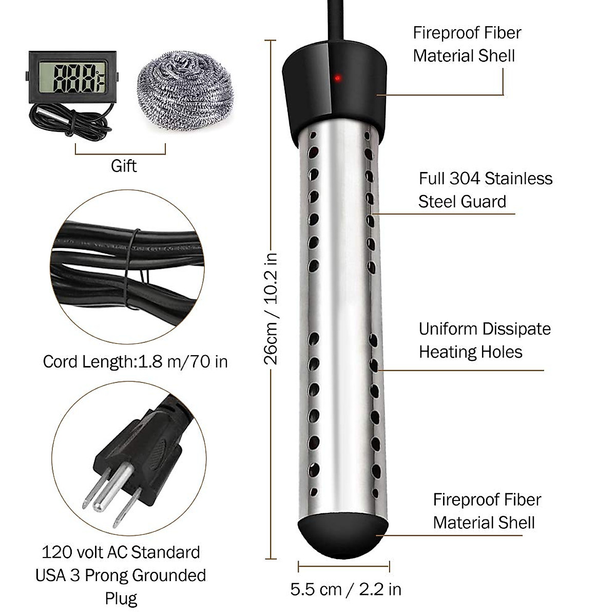 LIVEBAY Immersion Water Heater, Quick 1500W Submersible Water Heater with Stainless Steel Guard Temp Indicator Thermostat for Hot Tub Inflatable Pool Bathtub Wooden Bucket 5 Gallons