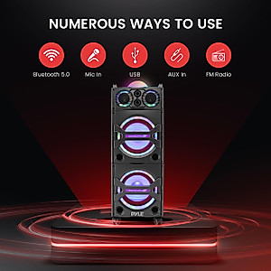 Pyle Portable Bluetooth PA Speaker System - 2000W Active powered Outdoor Bluetooth Speaker Portable PA System w/ Microphone In, Party Lights, USB SD Card Reader, AUX/RCA/FM Radio, Wheels - PSUFM1043BT