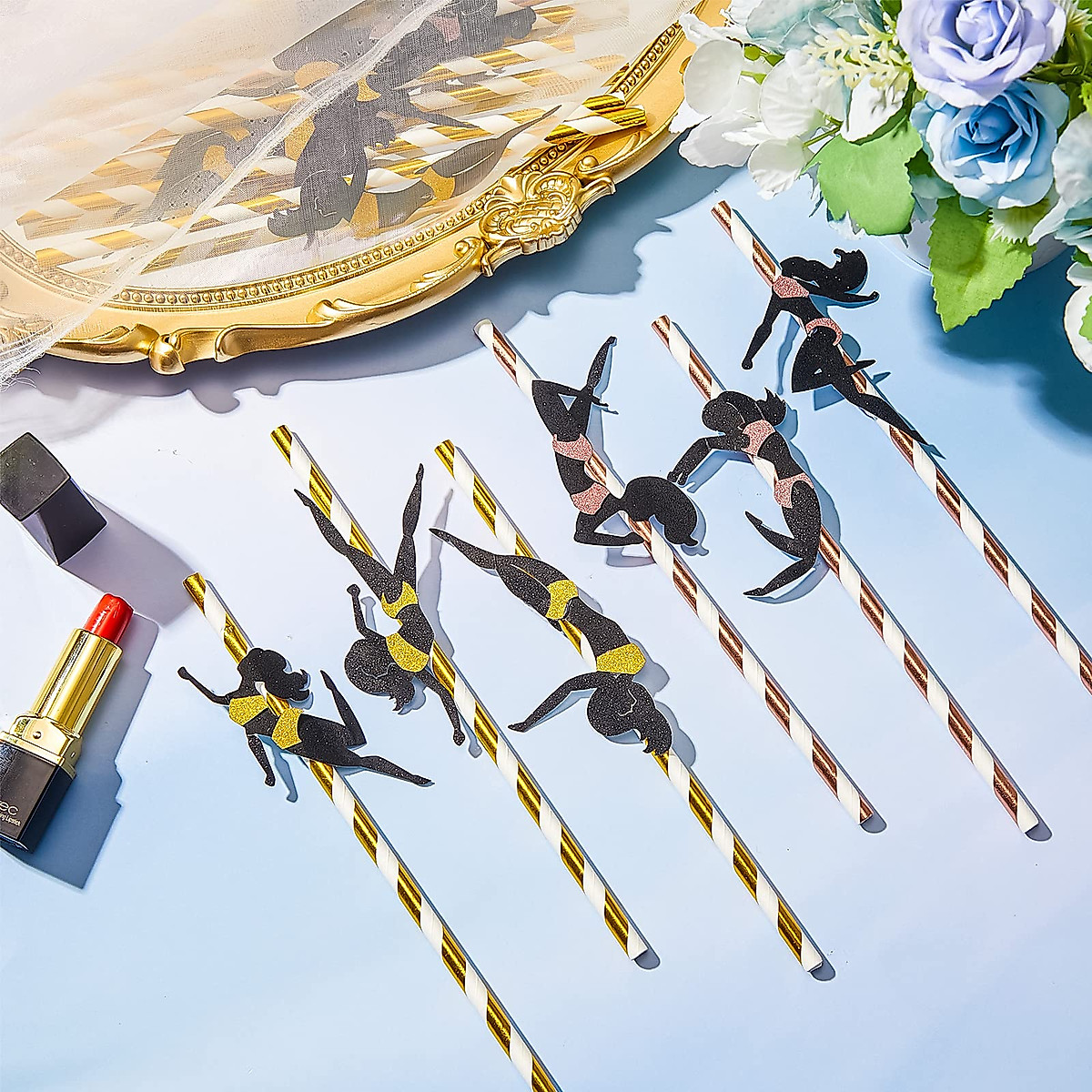 36 Pieces Girls Night Out Party Decorations Glitter Confetti Women Dancing Drinking Straws Female Dancer Pre Glued for Bridal Shower Favors Wedding Supplies (Rose Gold, Gold)