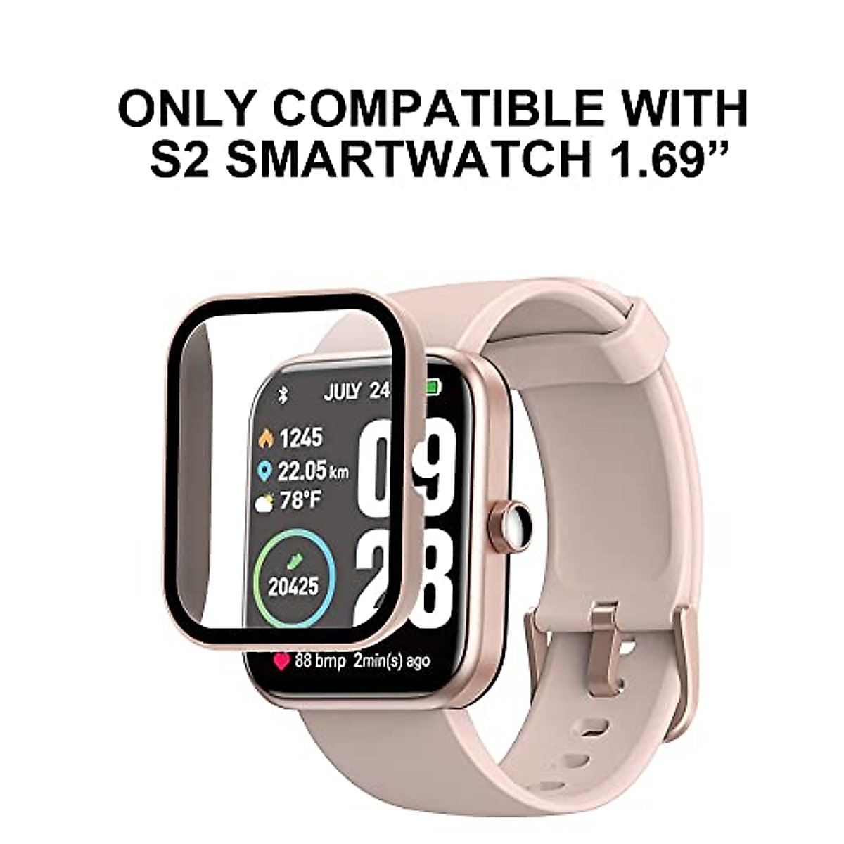 smaate Watch Cases with Screen Protector for S2, Compatible with TOZO S2 1.69” Smartwatch, Hard PC Case with Tempered Glass Screen Protector, Protecting Watch Body & Screen, Anti-Scratch Anti-Shatter