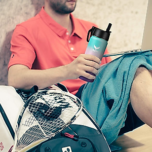 Vmini Water Bottle with Straw, Kids Water Bottle with Wide Rotating Handle Straw Lid, Wide Mouth Vacuum Insulated Stainless Steel Water Bottle, Blue, 18 oz