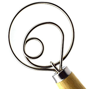 Danish Dough Whisk Bread Making Tools Stainless Steel Danish Dough Hook Bread Dough Mixer Hand Bread Dough Whisk for Pastry, Baking Cake, Dessert, Sourdough, Pizza, with Wooden Handle, 13 inch