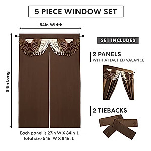 Regal Home Collections Amore Curtains 5-Piece Window Curtain Set - 54-Inch W x 84-Inch L Panels with Attached Valance and 2 Tiebacks - Bedroom Curtains and Living Room Curtains (Brown)