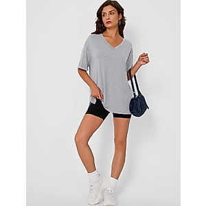 Trendy Queen Oversized Tshirts for Women Workout Plus Size Tops V Neck Short Sleeve Tunic Side Slit Outing T Shirts 2025 Spring Summer Casual Clothes Loose Fit Basic Tees Beach Vacation Grey XXL