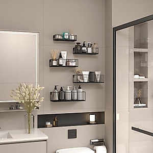 CRUGLA Black Floating Shelves Wall Mounted Set of 5, Hanging Wall Shelf with Rail for Bathroom, Bedroom, Living Room, Kitchen