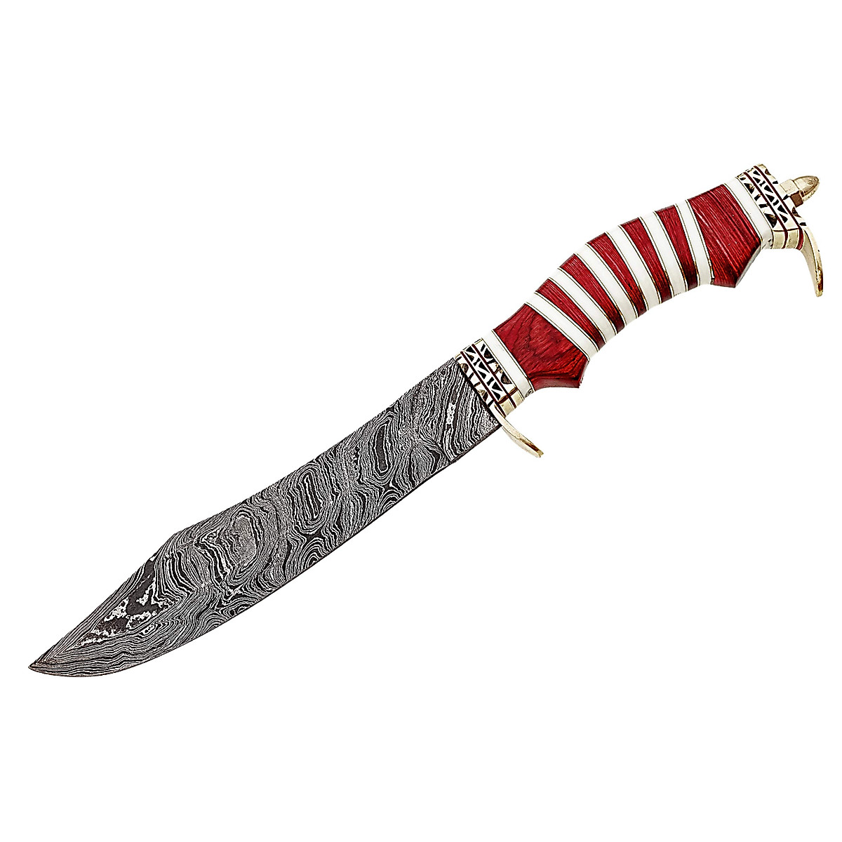 Damascus Steel Hunting Knife - Fixed Blade Knives with Sheath - Handle Combination of Walnut Wood and Camel Bone with Brass Spacer (RW)