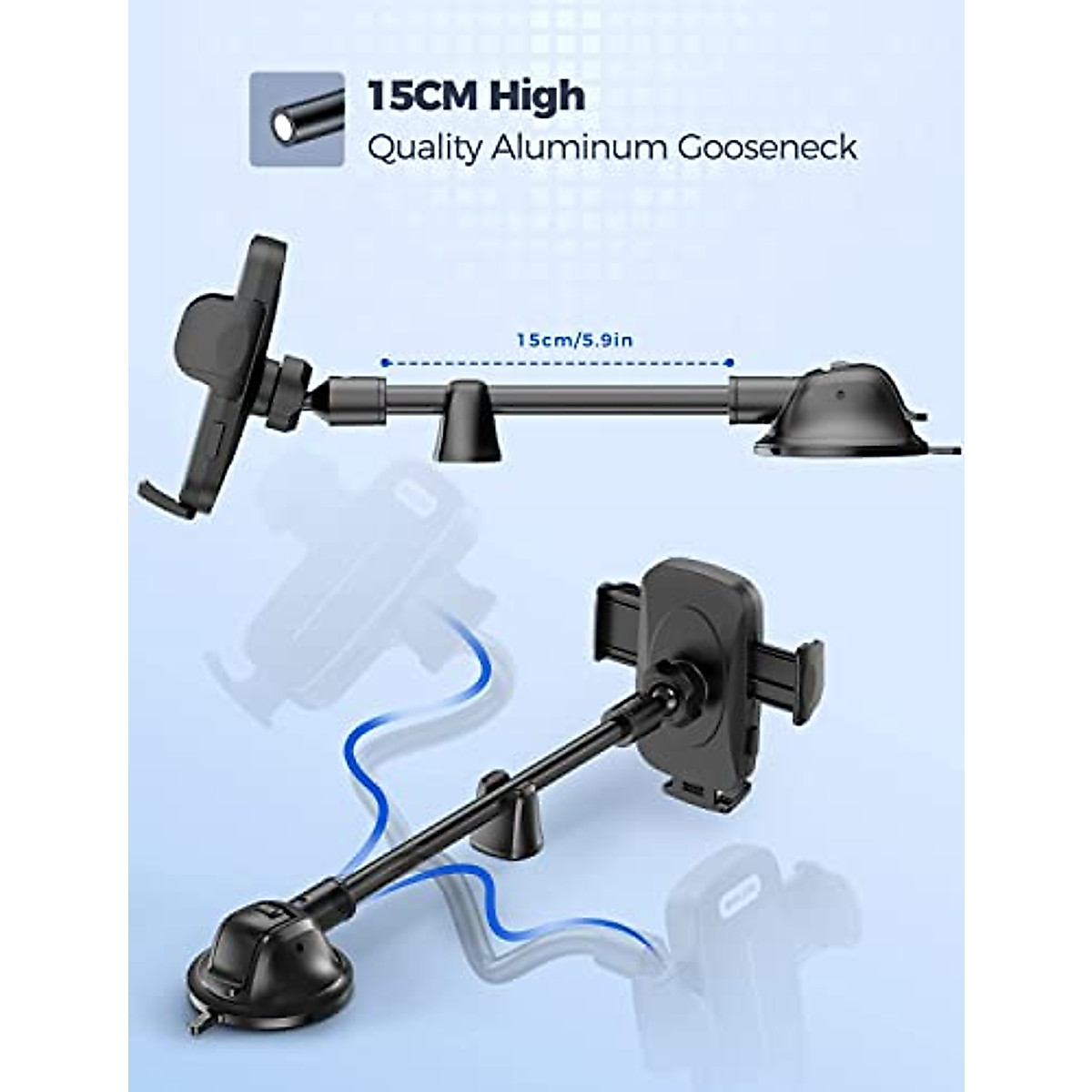 Car Cell Phone Holder Mount, 2 in 1 Dashboard Windshield Phone Mount for Car with Stabilizer, Car Phone Mount Windshield with Super Sticky Gel Suction Cup, iPhone Holder for Car Fit for All Phones