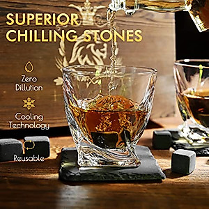 Whiskey Stones Gift Set for Men, Jewelvwatchro Whiskey Glasses Set in Wooden Box, 8 Basalt Chilling Rocks & 2 Scotch Glasses for Dad, Husband