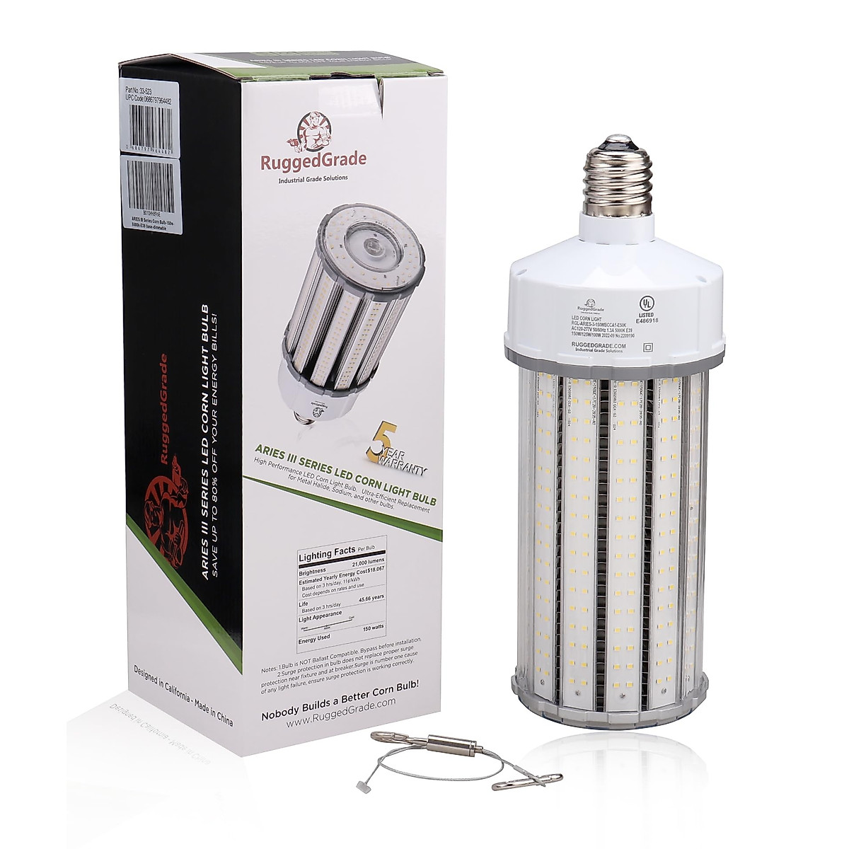 RuggedGrade 150 Watt - Aries III Series LED Corn Bulb - 5000K - 22,200 Lumens - E39 Base - Dimmable