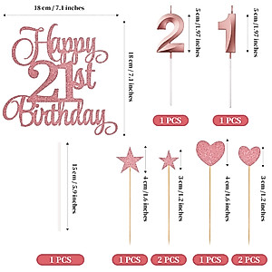 Lecferrarc 21st Birthday Cake Decorations, 21st Birthday Candles Cake Numeral Candles and Glitter Happy 21st Birthday Cake Toppers Set for Birthday Party Supplies (Rose Gold)