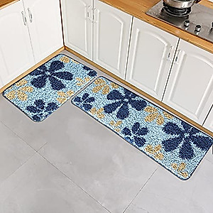 Kitchen Rug Set, 2-in-1 Kitchen Mat Anti-Fatigue Cushioned Kitchen Sink Floor Mat Super Absorbent Non Skid Easy to Clean Comfort Standing Kitchen Mat (Blue)