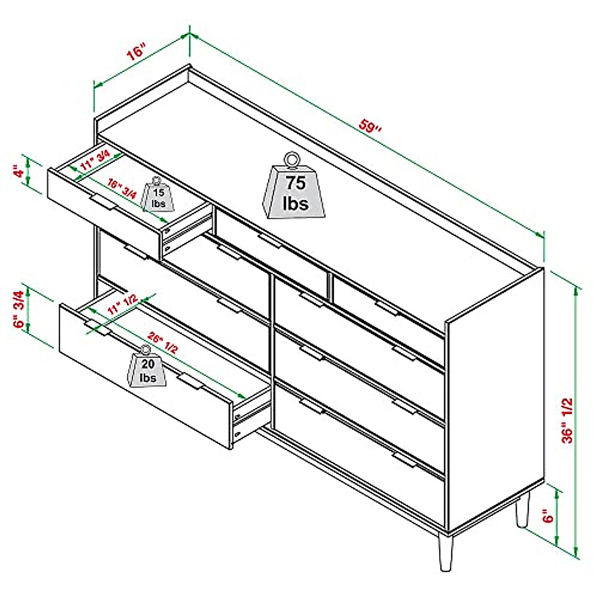 Walker Edison Blythe Mid-Century Modern Tray-Top Solid Wood 9-Drawer Dresser, 60 Inch, Caramel