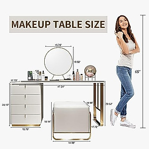 Larmliss Vanity Dresser with Mirror, 4 Drawers Makeup Table, Dressing Table Set with Stool & Cabinet, for Bedroom