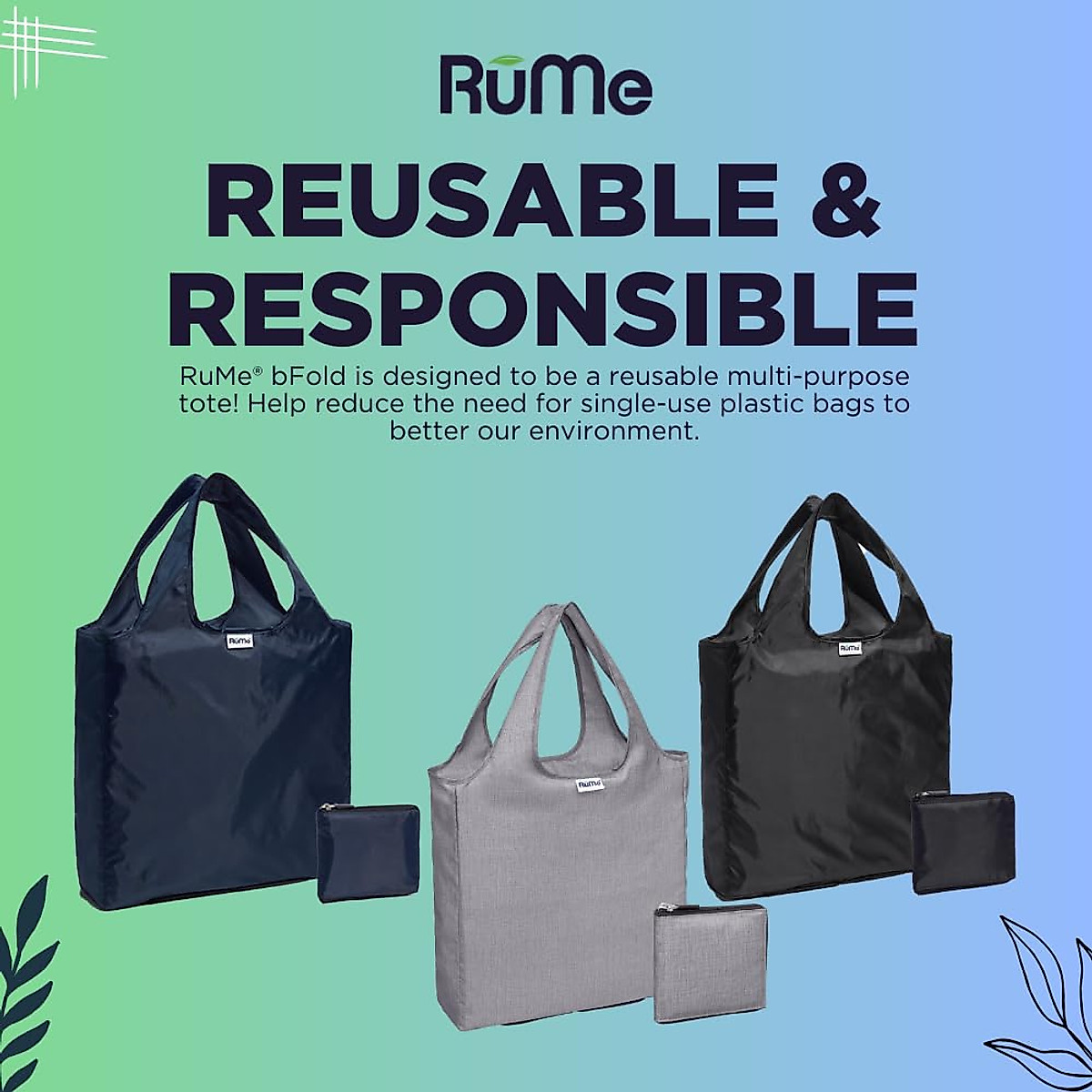 RuMe® Foldable Reusable Grocery Shopping Bag Tote | bFold Medium Tote Bag | Holds 50lbs | Folds into Zipper Pouch | 2 Pack