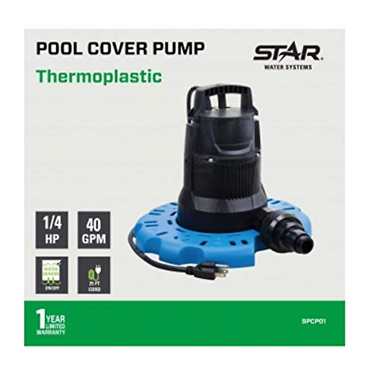 Star SPCP01 ¼ HP Automatic ON/OFF Swimming Pool Cover Pump with Garden Hose Adapter & 25' Power Cord, 2400 GPH Fast Water Removal, Submersible, Blue
