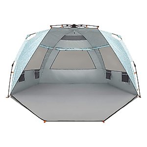 Easthills Outdoors Instant Shader Enhanced (Prints) Deluxe XL Beach Tent 4-6 Person Pop Up Sun Shelter 99" Wide for Family UPF 50+ Double Silver Coated with Extended Zippered Porch Coral