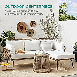 Best Choice Products Outdoor Rope Woven Sectional Patio Furniture L-Shaped Conversation Sofa Set for Backyard, Porch w/Thick Cushions, Detachable Lounger, Side Table - White