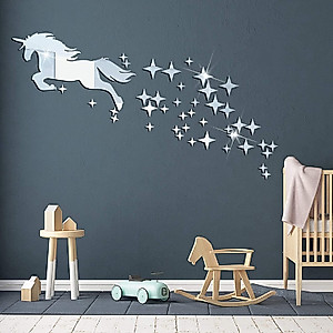 Unicorn Mirror Wall Stickers, Removable Acrylic Mirror Wall Sticker Decals, DIY Self Adhesive Stars Art Wall Decal Murals Home Wall Decoration Stickers for Living Room Kids Bedroom Office Baby Nursery