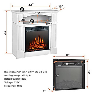 COSTWAY 32-inch Electric Fireplace with Mantel, Adjustable Freestanding Heater with Remote Control, Shelf, 3D Flame Brightness, Overheat Protection, Mantel Fireplace for Living Room, 1400W (White)