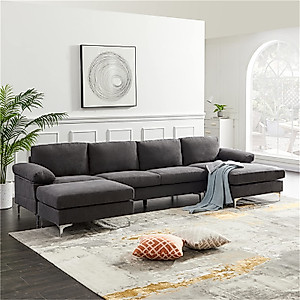 Knowlife Modern Corner Sectional Futon Sofa with Removable Cushions and Ottomans Convertible Sofa Couch for Living Room, 128”L (Dark Grey)