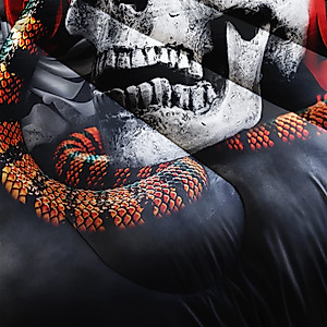 AILONEN Skull Decor Bedding Set Queen Size, Snake Entwined Skeleton 3D Print Halloween Comforter Set,Red Rose Smoky Fog Style Black Tint Soft Breathable Duvet Set 3 Pieces, 1 Quilt and 2 Pillowcases