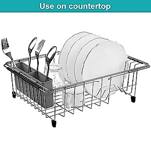 iPEGTOP Expandable Deep & Large Dish Drying Rack, Over The Sink, in Sink Or On Counter Dish Drainer Basket Shelf with Grey Removable Utensil Silverware Holder, Rustproof Stainless Steel
