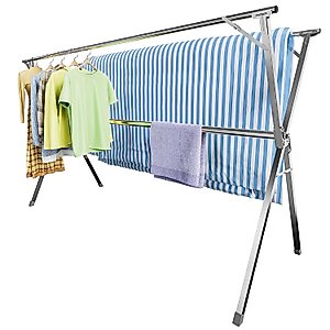 Unkqan Clothes Drying Rack,Heavy Duty Stainless Steel Garment Rack,Adjustable and Foldable Laundry Drying Rack for Indoor Outdoor Drying Rack Clothing with 20 Windproof Hooks (Silver, 79")