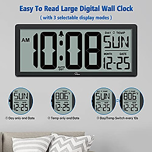 WallarGe 14.5'' Large Digital Wall Clock Battery Operated with Jumbo Numbers, Temperature and Date - Easy to Read and Set, Auto DST