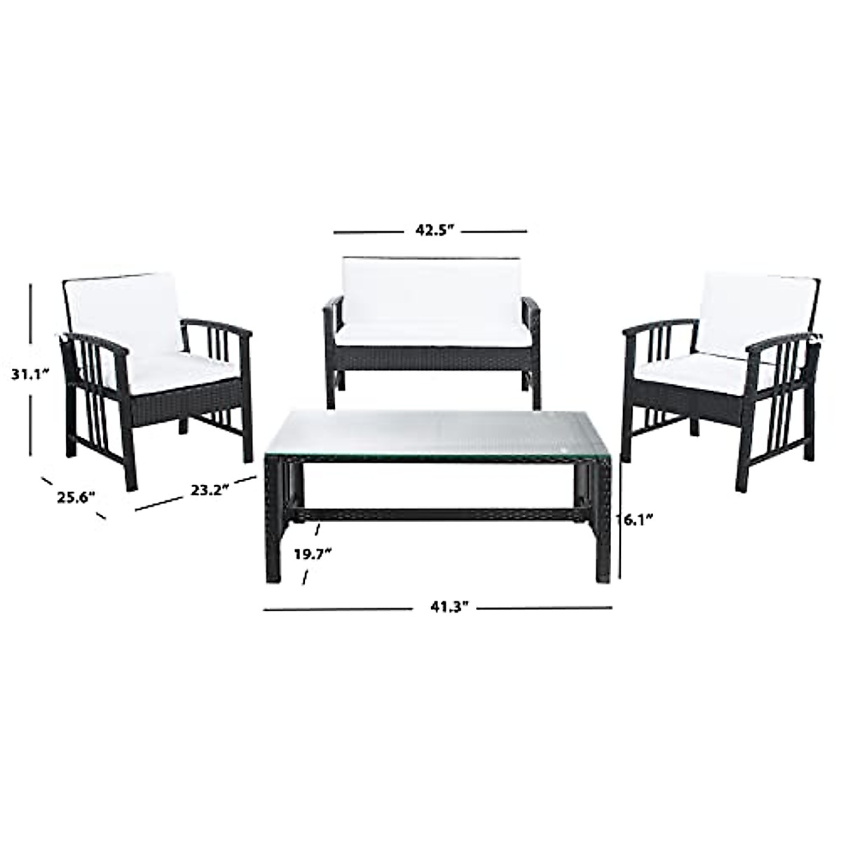 SAFAVIEH Outdoor Collection Reslor Wicker Cushion 4-Piece Living Set PAT7713A, Black/White