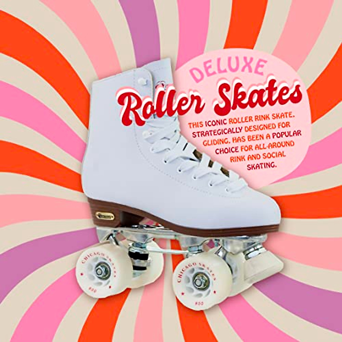 Chicago Skates Women's and Girl's Premium Leather Lined Rink Roller Skate - Classic White Quad Skates