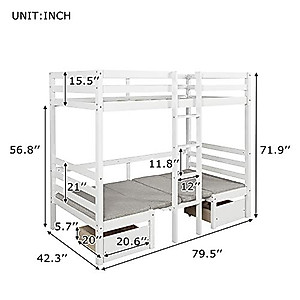 Rhomtree Wood Twin Size Bunk Bed with Desk Underneath and Chair Loft Bed Multifunctional Bed for Boys & Girls Teens Kids Bedroom Dorm