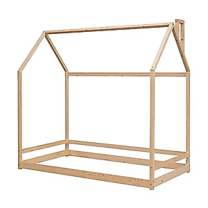 Harper & Bright Designs Montessori House Bed Twin for Kids, Toddler House Bed with Roof,Wood Floor Bed Frame for Girls Boys Bedroom Furniture, Box Spring Needed,Natural