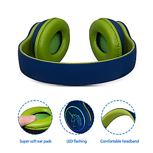 YUSONIC Wireless Headphones with led Lights, Kids Bluetooth Headphones for Boys Girls School/Travel/Phone/Kindle/pc/tv / MP3/tablet/laptop. (Blue Green)
